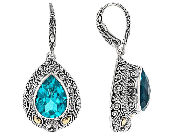 Blue Paraiba Color Quartz Doublet & White Topaz Sterling Silver & 18K ...