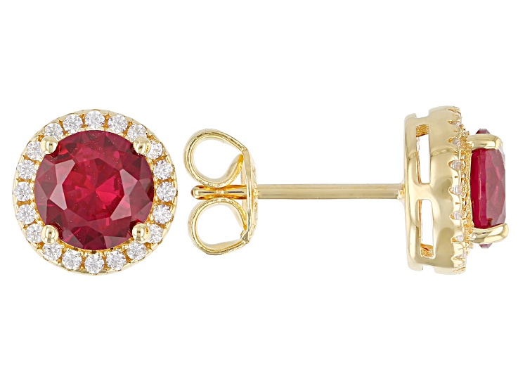 Lab Created Ruby And White Cubic Zirconia 18k Yellow Gold Over Sterling Silver Earrings 2.34ctw ...