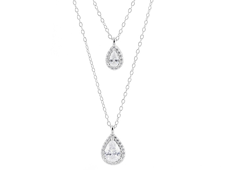 White Cubic Zirconia Rhodium Over Sterling Silver Multi- Row Pear ...
