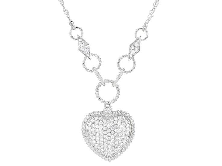 White Diamond Simulant Rhodium Over Sterling Silver Heart Necklace 1 ...