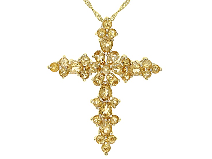 Yellow Citrine 18K Yellow Gold Over Silver Cross Pendant with Chain 4.49ctw