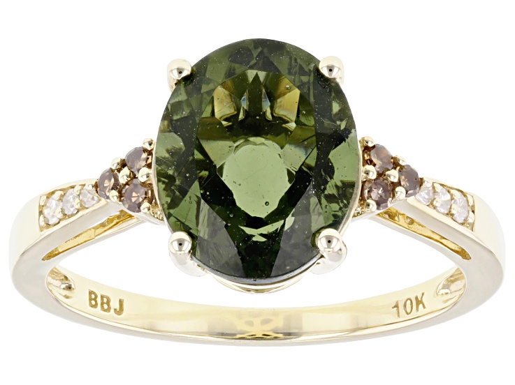 Moldavite With Champagne and White Diamond 10k Yellow Gold Ring 1.79ctw ...
