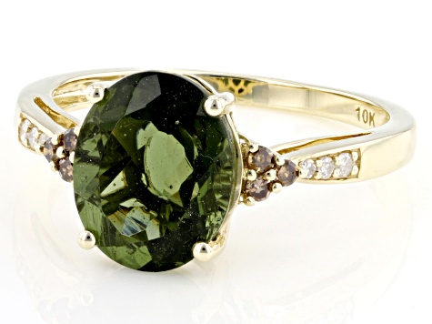 Moldavite With Champagne and White Diamond 10k Yellow Gold Ring 1.79ctw ...