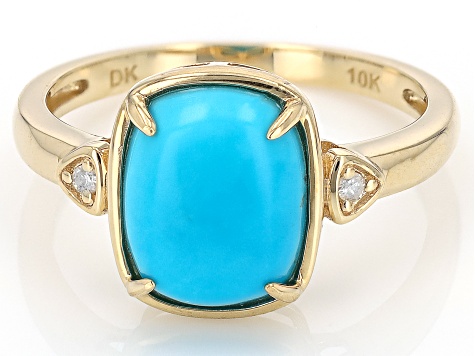 Blue Sleeping Beauty Turquoise With White Diamond 10k Yellow Gold Ring 0.02ctw CLG870 JTV