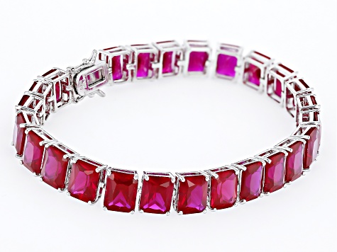 Red Lab Created Ruby Rhodium Over Sterling Silver Tennis Bracelet 49.66ctw - CTB004 | JTV
