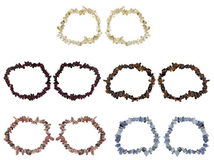 Multi-Color Assorted Gemstone Set of 10 Chip Stretch Bracelets ...