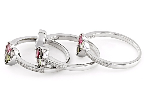 Multicolor Tourmaline Rhodium Over Silver Stackable Ring Set 1.17ctw - CTB1593 | JTV