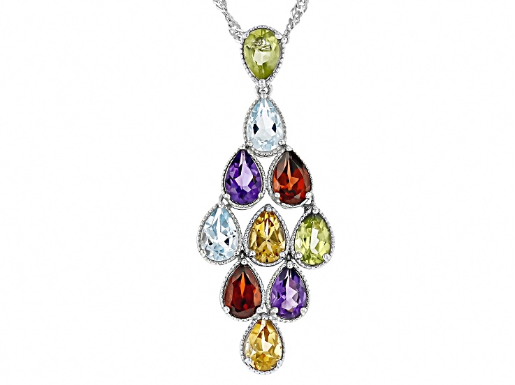 Multicolor Multi-Gemstone Rhodium Over Sterling Silver Pendant With ...