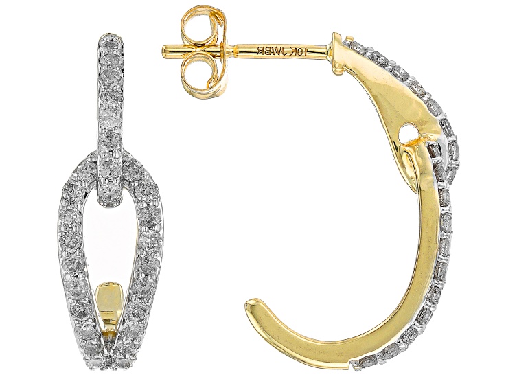 White Diamond 10k Yellow Gold J-Hoop Earrings 0.50ctw - DGB127 | JTV