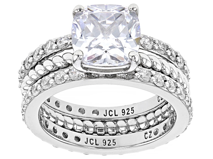 White Cubic Zirconia Rhodium Over Sterling Silver Ring Set of 3 4.78ctw