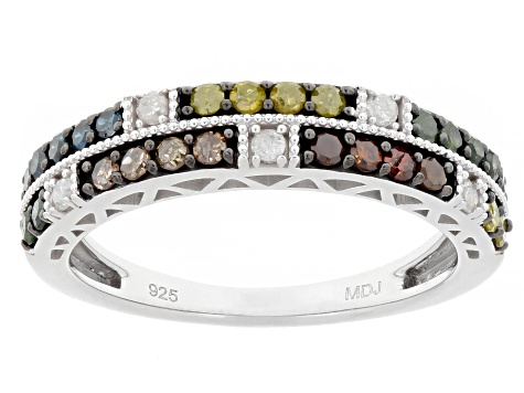 Multi-Color And White Diamond Rhodium Over Sterling Silver Band Ring 0 ...