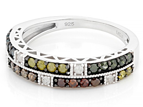 Multi-Color And White Diamond Rhodium Over Sterling Silver Band Ring 0 ...