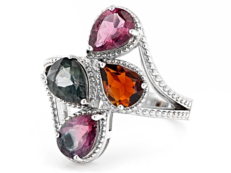 Multi Color Tourmaline Rhodium Over Sterling Silver 4-Stone Ring 3 ...