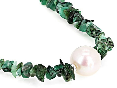 Green Emerald With 10mm Cultured Freshwater Pearl Rhodium Over Sterling ...