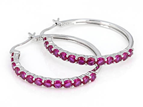 Red Lab Created Ruby Rhodium Over Sterling Silver Hoop Earrings 3.20ctw ...