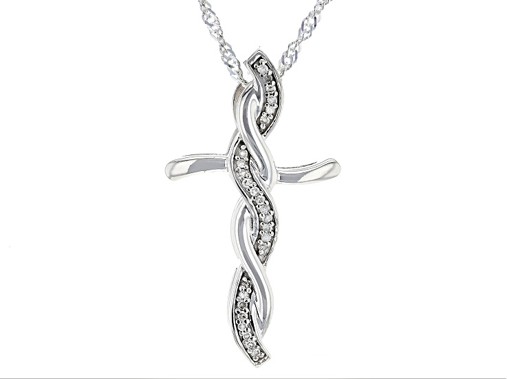 White Diamond Accent Rhodium Over Sterling Silver Cross Pendant With 18 ...
