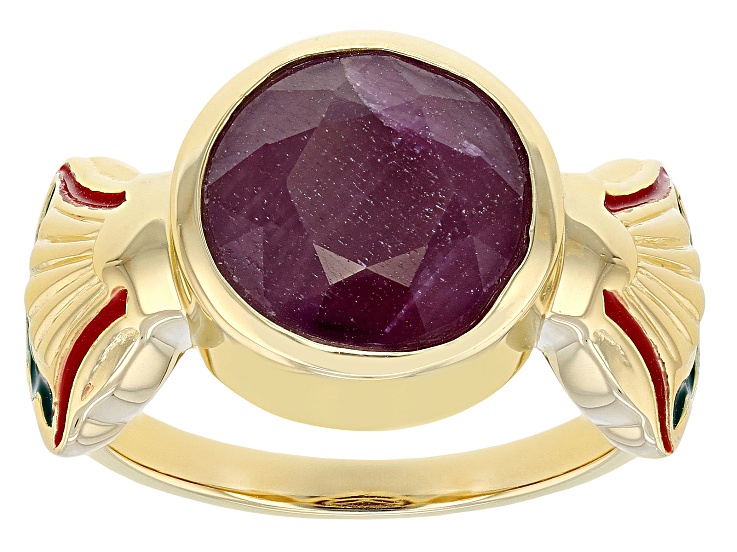Indian Ruby & Enamel 18K Yellow Gold Over Sterling Silver Ring 2.70ct ...