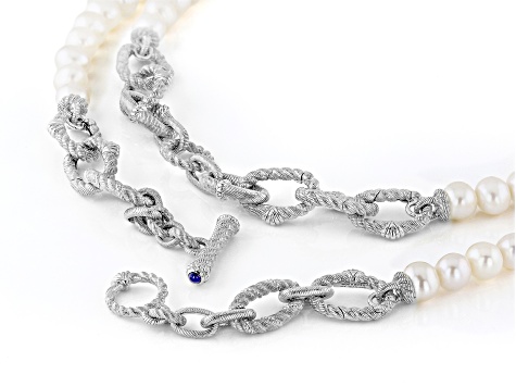 Judith Ripka Cultured Freshwater Pearl With Sapphire Rhodium Over ...