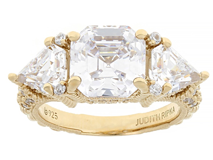 Judith Ripka White Cubic Zirconia 14k Gold Clad 3-Stone Toujours Ring 8 ...