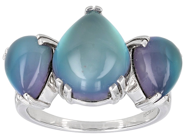 Blue Aurora Moonstone Rhodium Over Sterling Silver 3-Stone Ring ...