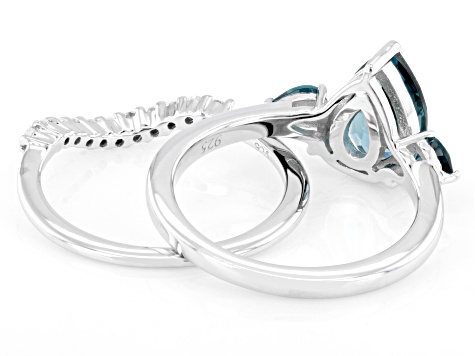 Teal Lab Created Spinel Rhodium Over Sterling Silver Ring Set 3.09ctw ...