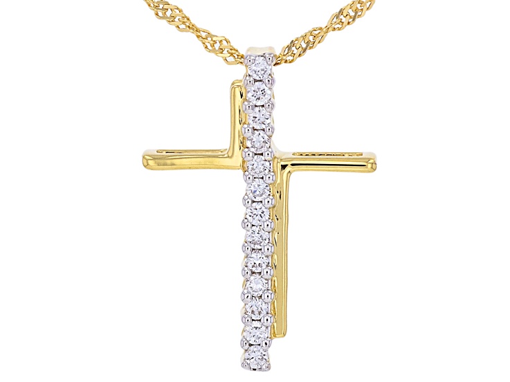 White Lab-Grown Diamond H SI 14K Yellow Gold Over Sterling Silver Cross ...