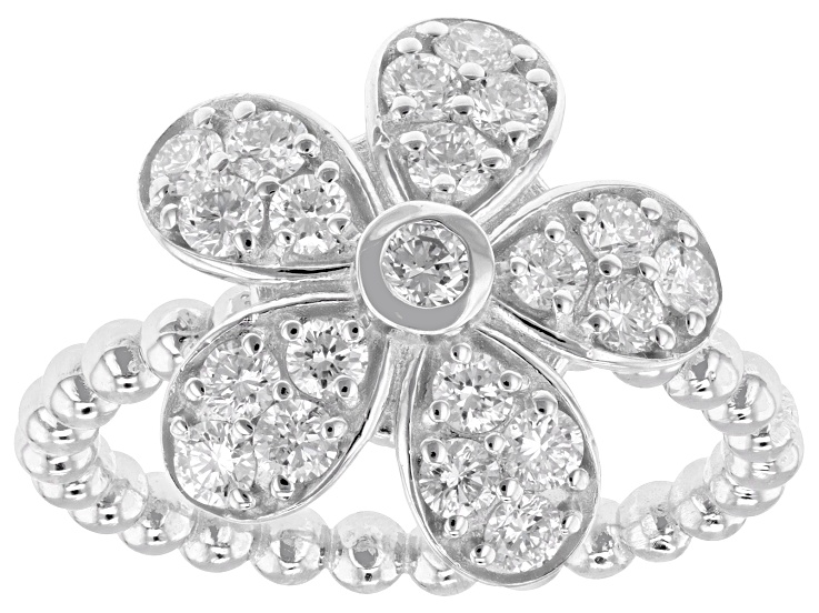 White Lab-Grown Diamond G-H VS Rhodium Over Sterling Silver Flower Ring ...