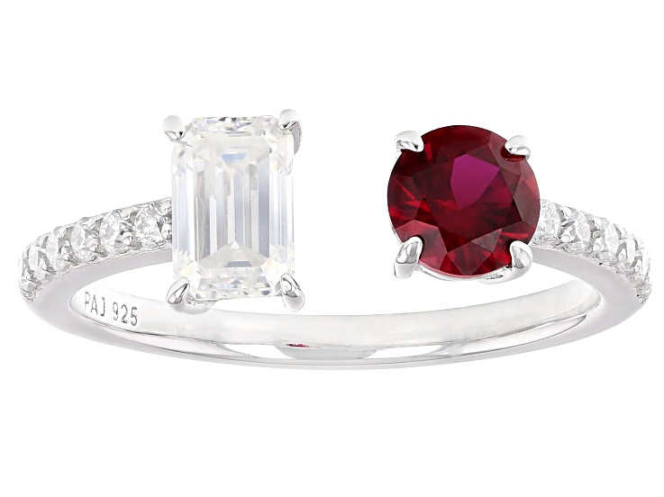 Colorless Moissanite And Lab Created Ruby Platineve Two Stone Design ...