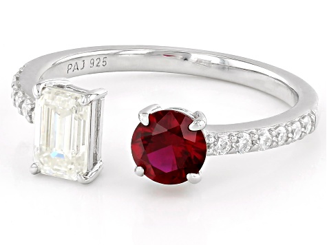 Colorless Moissanite And Lab Created Ruby Platineve Two Stone Design ...