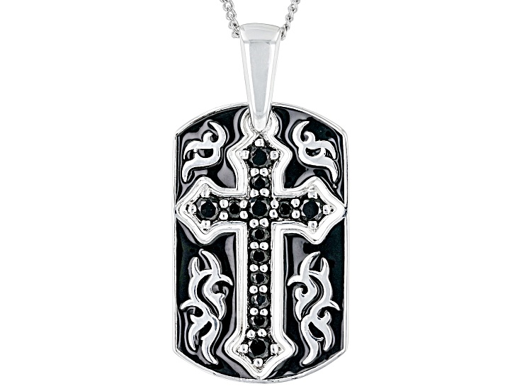 Black Spinel & Black Enamel Rhodium Over Sterling Silver Men's Cross ...