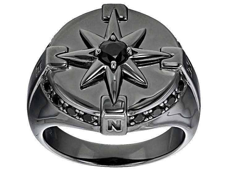 Black Spinel, Black Rhodium Over Sterling Silver Men's Compass Ring ...