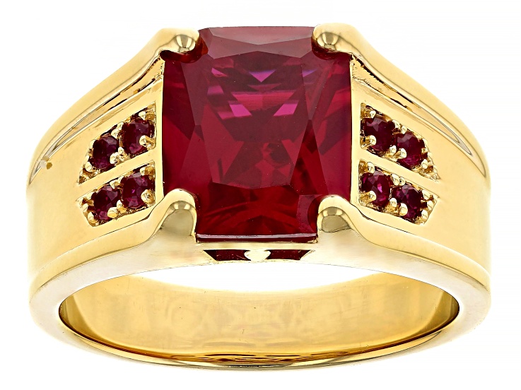 Lab Created Ruby 18k Yellow Gold Over Sterling Silver Men's Ring 6.73ctw - MJO281 | JTV