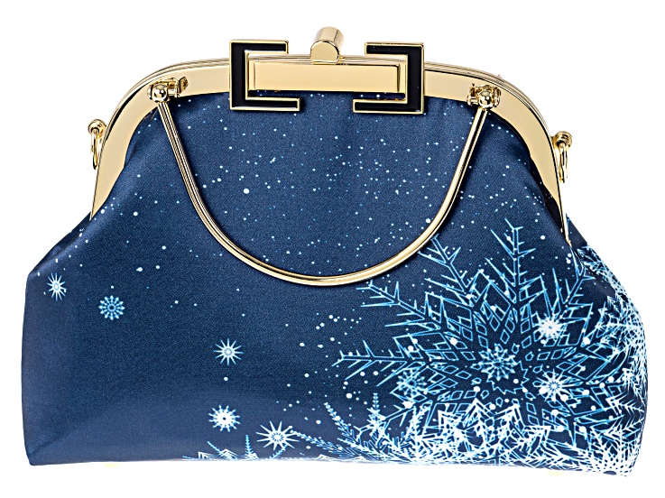 Navy & White Gold Tone Snowflake Print Clutch - OPC1353 | JTV