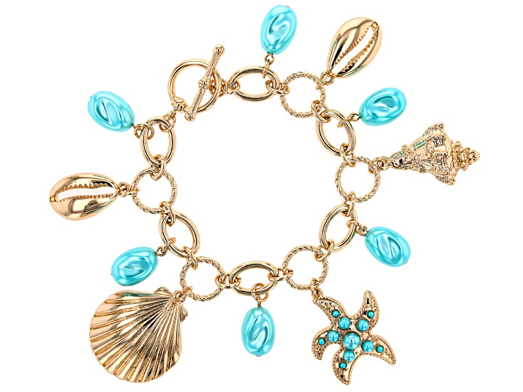Pearl Simulant Gold Tone Sea Life Charm Bracelet - OPC1434 | JTV