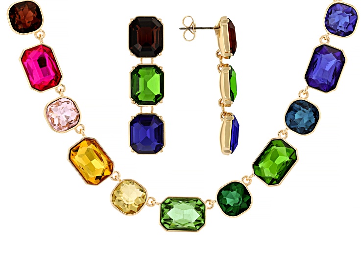 Multi-Color Glass Gold Tone Necklace and Earring Set - OPC1500 | JTV