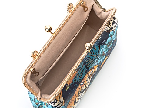 Gold Tone Tiger Fabric Print Clutch - OPC1696 | JTV
