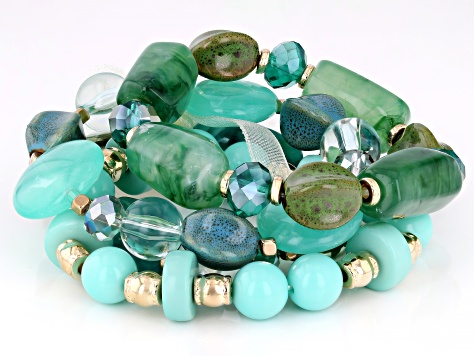 Blue & Gold Resin Gold Tone Set of 4 Stretch Bead Bracelets - OPC1700 | JTV