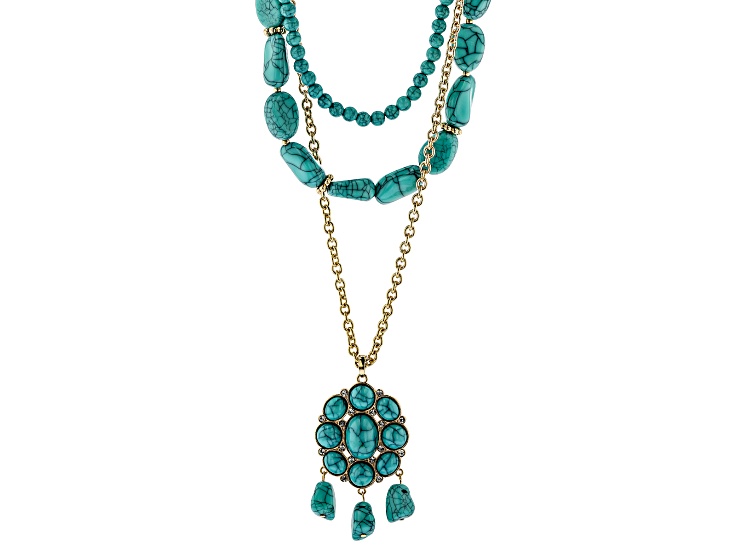 Turquoise Simulant & Crystal Gold Tone Layered Necklace - OPC1744 | JTV