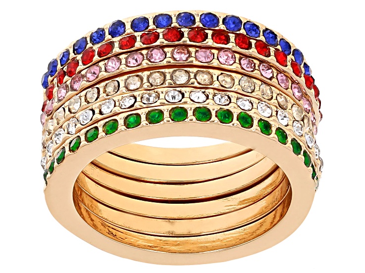 Multi-Color Crystal Gold Tone Set of 6 Band Rings 1.8mm - OPC1819 | JTV
