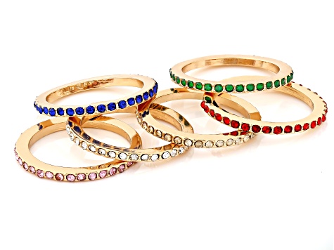 Multi-Color Crystal Gold Tone Set of 6 Band Rings 1.8mm - OPC1819 | JTV