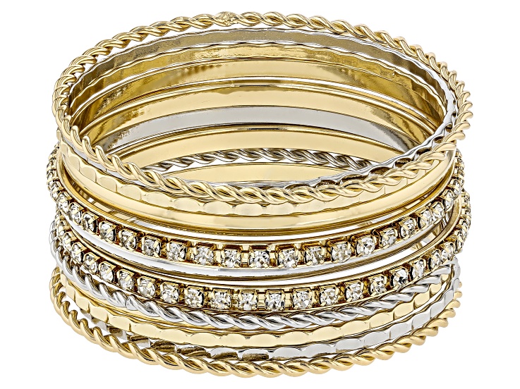 White Crystal Gold & Silver Tone Textured Bangle Set of 12 - OPC1891 | JTV