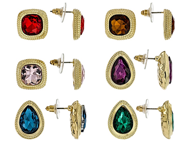 Multi-Color Crystal Gold Tone Set of 6 Earrings, 14x10mm, 10mm ...