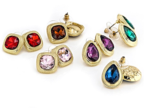 Multi-Color Crystal Gold Tone Set of 6 Earrings, 14x10mm, 10mm ...