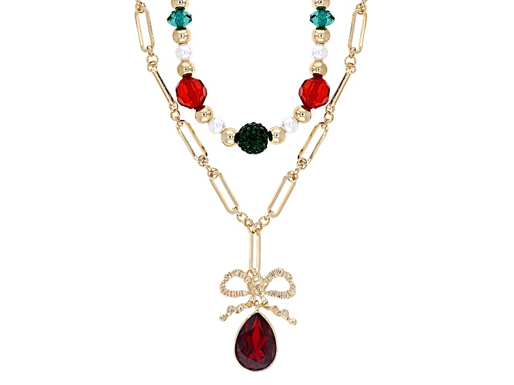 Multi-Color Crystal & Enamel Gold Tone Bow Multi-Row Necklace - OPC2074 ...