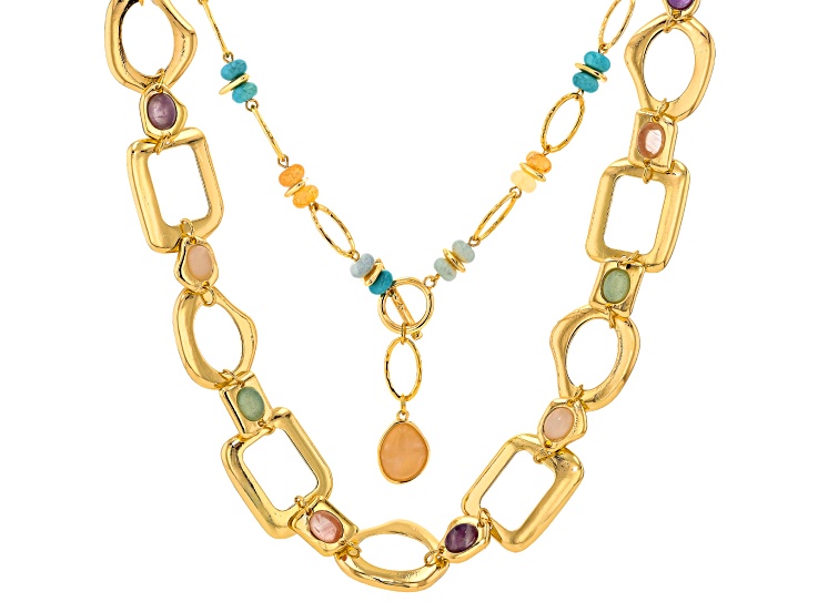 Multi-Color Simulated Opal Gold Tone Necklace Set of 2 - OPC2092 | JTV