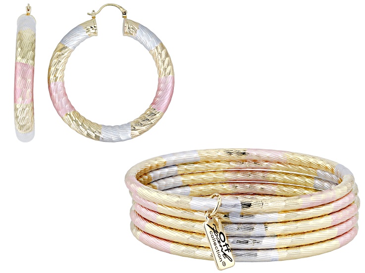 Tri-Tone Set of 5 Bangle Bracelets & 50mm Tri-Tone Hoop Earrings - OPCKIT0002 | JTV