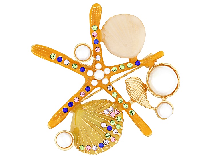 Pearl Simulant With Crystals Gold Tone Sea Life Brooch - OPW699 | JTV