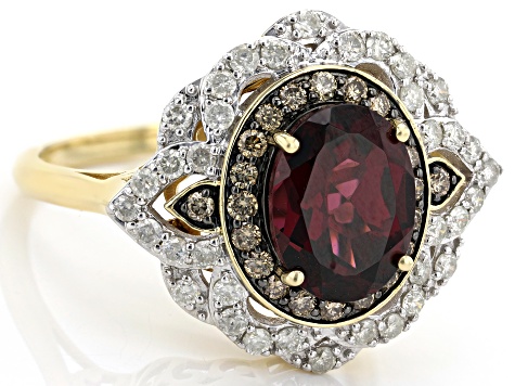 Raspberry Garnet, White And Champagne Diamond 14k Yellow Gold Halo Ring ...