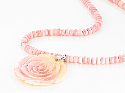 Pink Conch Shell Rhodium Over Sterling Silver Flower Pendant 45mm & 6mm ...