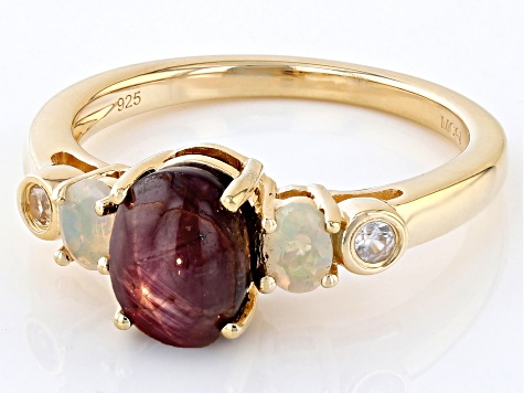 Indian Star Ruby 18k Yellow Gold Over Sterling Silver 3-Stone Ring ...